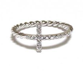 Sideways Cross Ring-Rhodium Over 925 Sterling Silver With Hand Set CZ Ring With Rope Band-Size 7 ...