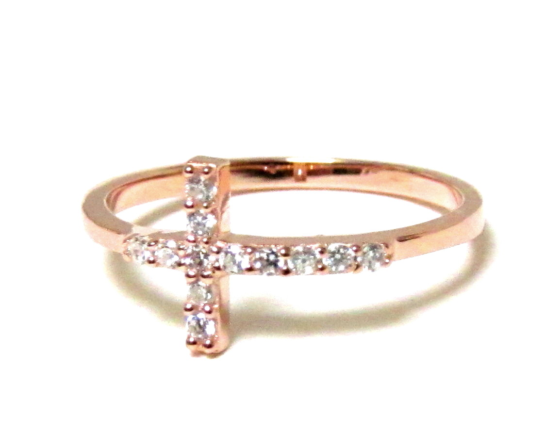 Sideways Cross Ring-rose Gold Over 925 Sterling Silver With Hand Set Cz ...