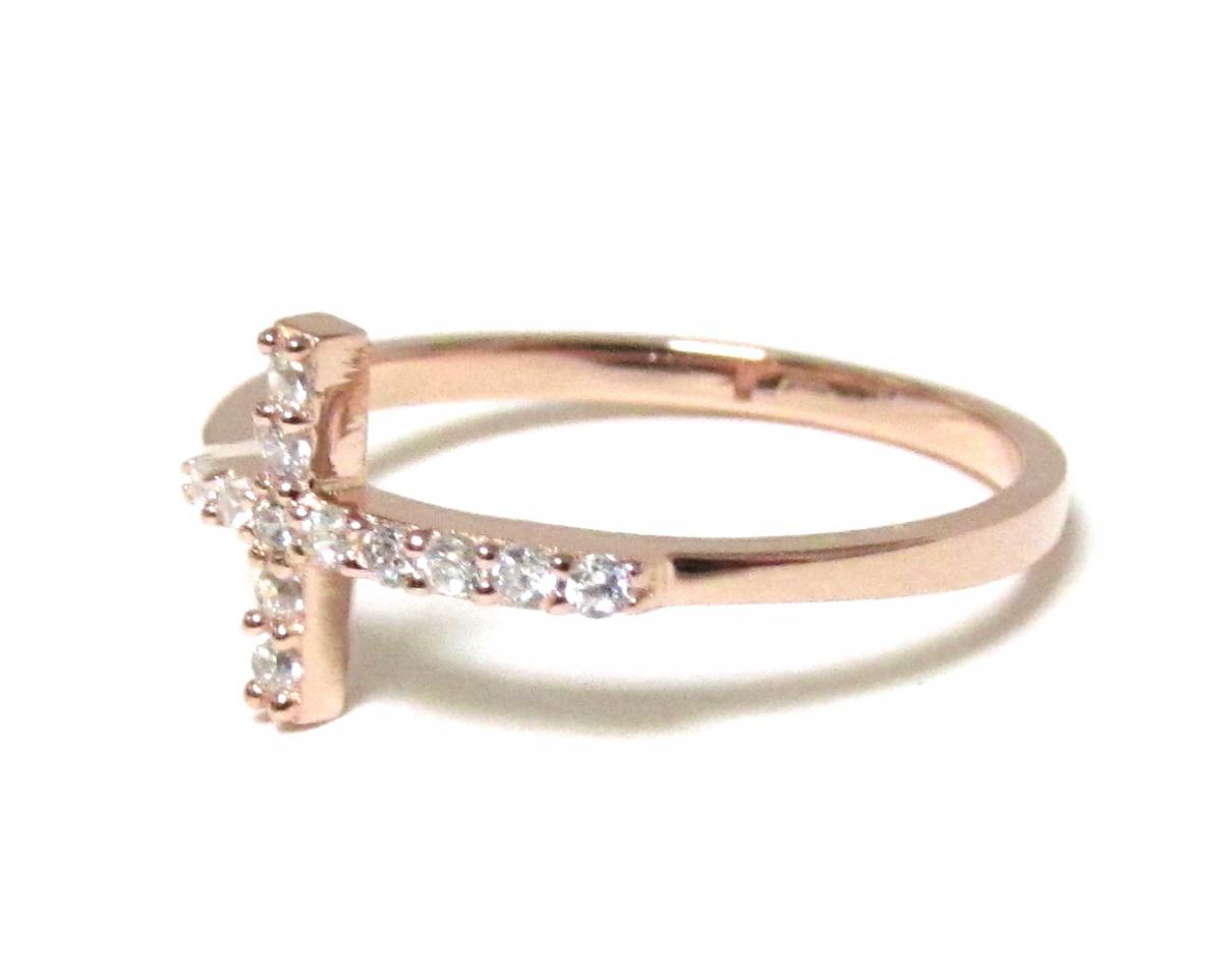 Sideways Cross Ring-rose Gold Over 925 Sterling Silver With Hand Set Cz ...